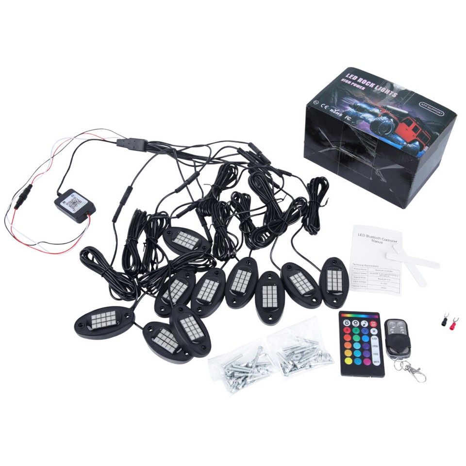 2X 3FT RGB Dancing LED Whip Lights + 10Pods Rock Light Kit Bluetooth ...