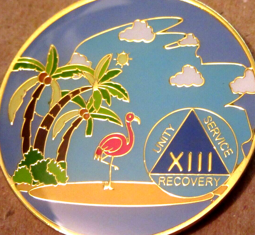 Beach - Blue yellow pink Alcoholics Anonymous 13 Year AA Medallion Coin ...