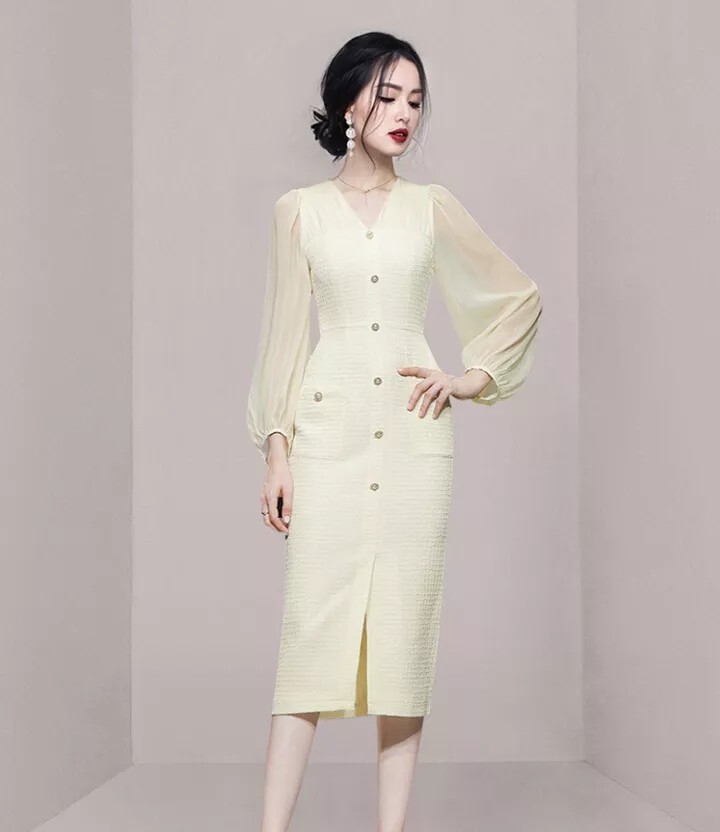 Robe Fourreau Robe Femme Élégant Manches Blanc Beige Genou Slim 35896 ...