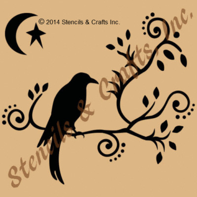 CROW RAVEN STENCIL SCROLL BRANCHES TEMPLATE MOON STAR PRIMTIVE BIRD ART ...