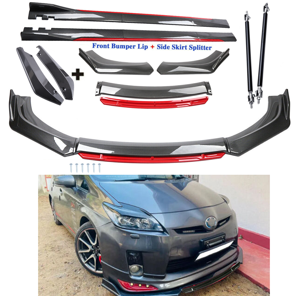 Carbon Fiber Front Bumper Lip Spoiler + Side Skirt For Toyota Prius ...