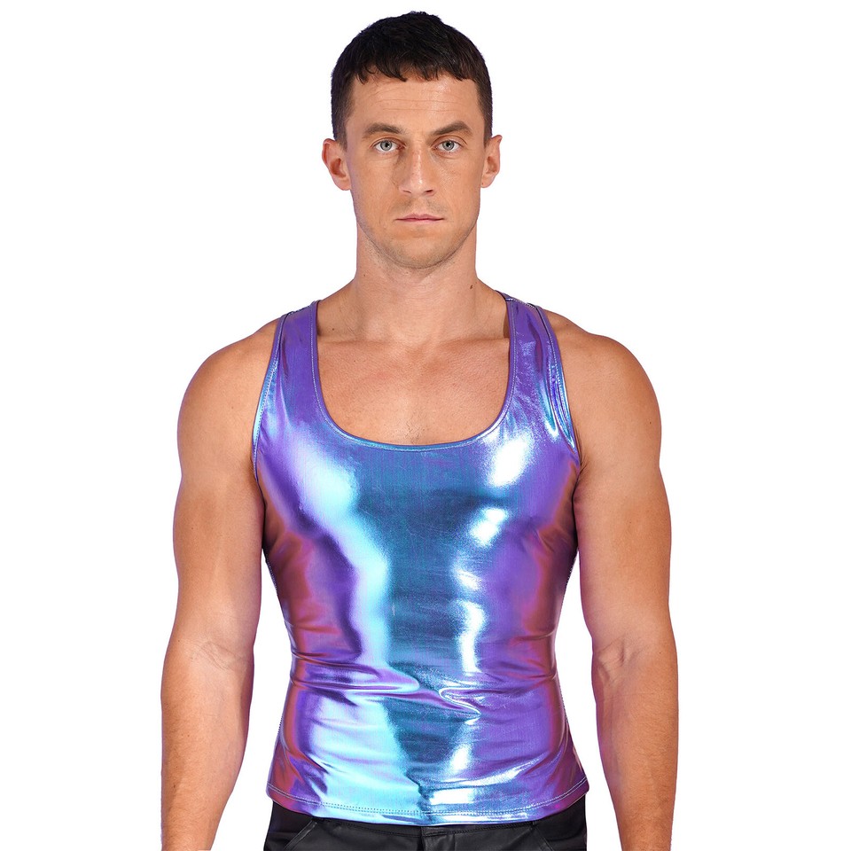 Men Shiny Metallic Sleeveless Muscle Tank Top Faux Leather Vest Tops ...