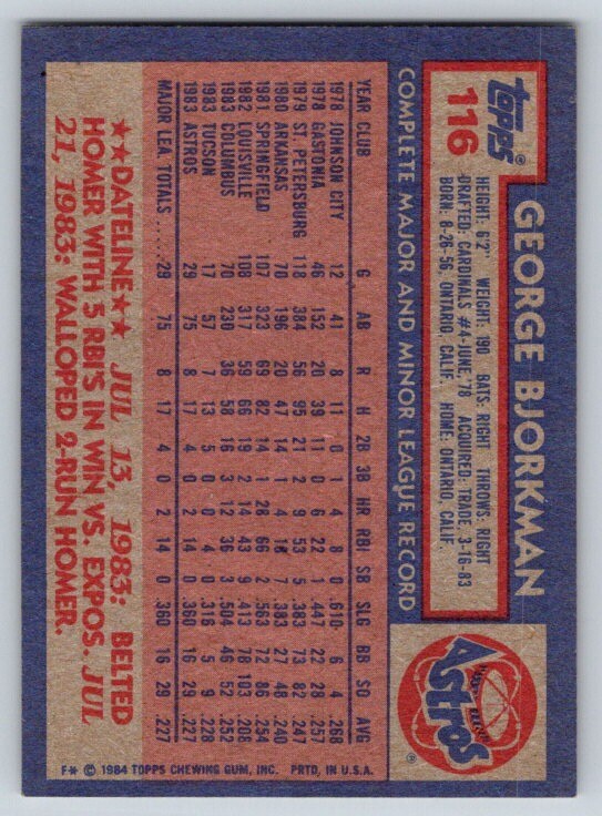 1984 Topps #116 George Bjorkman Astros | eBay