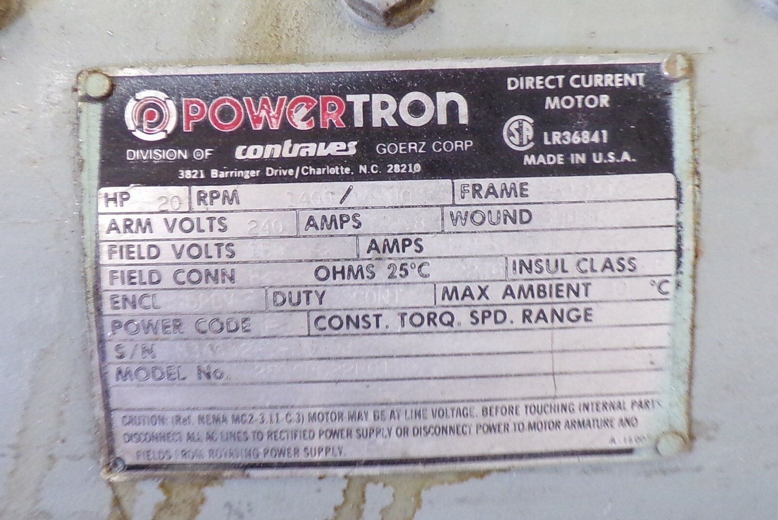 POWERTRON/CONTRAVES DC MOTOR, 251CBS22E01, 20 HP, 1400/4000 RPM, ARM ...