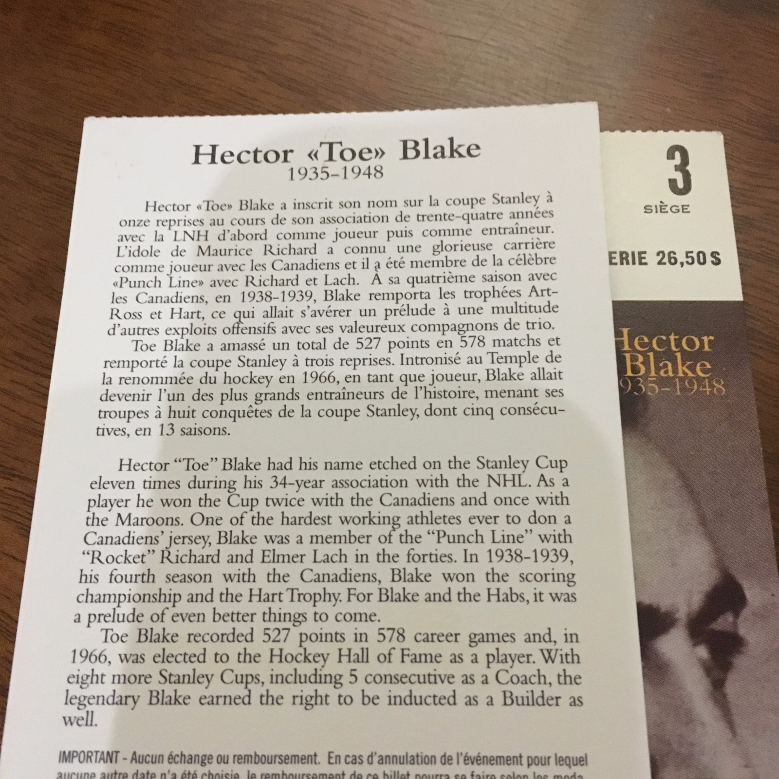 HECTOR TOE BLAKE MONTREAL CANADIANS 1 (ONE) UNUSED TICKET 1995 MONTREAL ...
