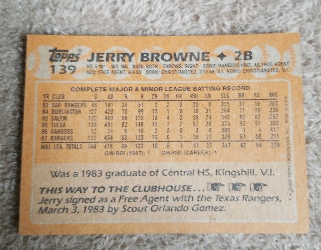 1988 Topps Jerry Browne #139 Texas Rangers | eBay