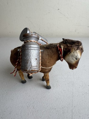 Antique PUTZ German Terracotta Felt Toy Donkey Mule Figurine With Milk ...