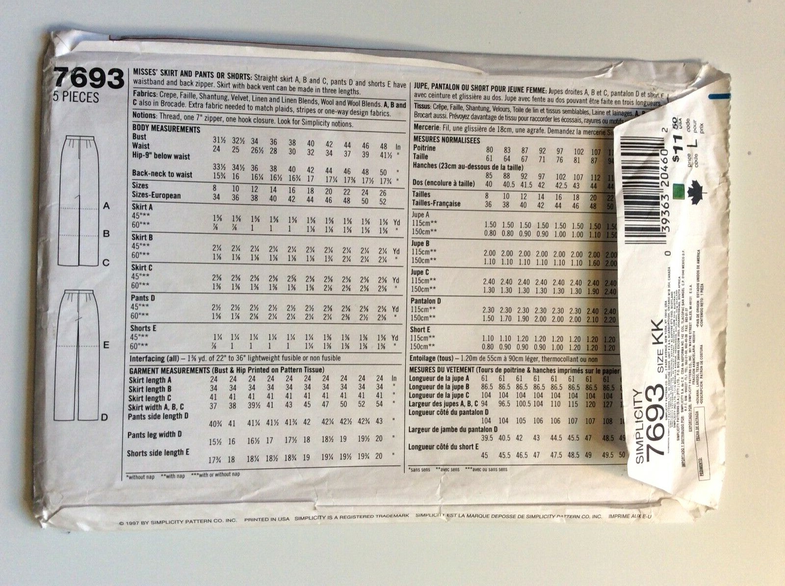 7693 SIMPLICITY MISSES' 2 HOUR SKIRT & PANTS OR SHORTS SZ 8-14 for sale ...