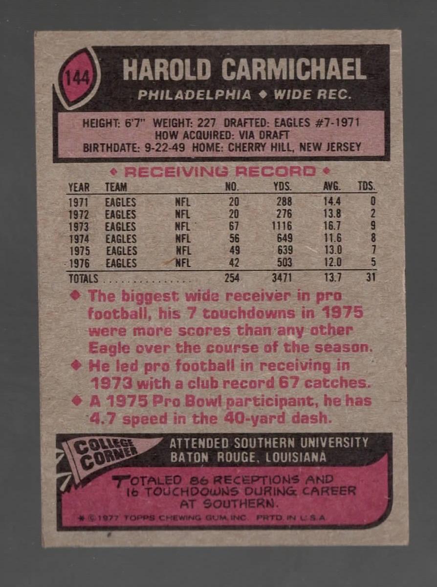 1977 Topps Harold Carmichael Philadelphia Eagles #144 Excellent | eBay