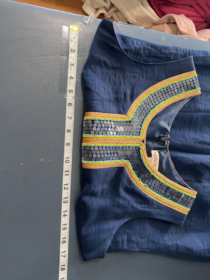 Navy Linen Blend Dress Sz 8 Sequin Coastal Merona Beach Vacation Resort ...