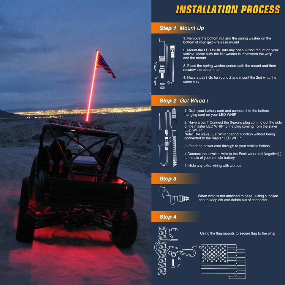 ATV UTV 2PC 4FT RGB LED Whip Light Antenna Chase For Polaris RZR XP ...