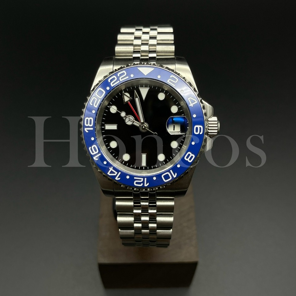 Custom Made GMT Style Watch Automatic Movement Blue White Bezel Silver ...
