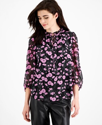 MSRP $69 Bar III Floral-Print Ruffle-Neck Top Black Size XXS | eBay