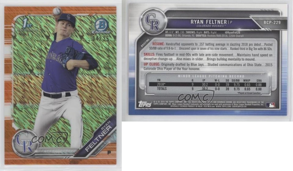 2019 Bowman Chrome Prospects Orange Shimmer Refractor 4/25 Ryan Feltner ...