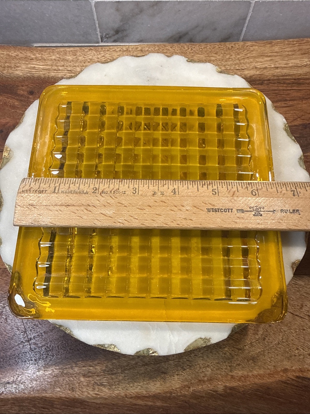 Vintage Golden Yellow Amber Glass Square Trivet Lid Glows A Little W ...