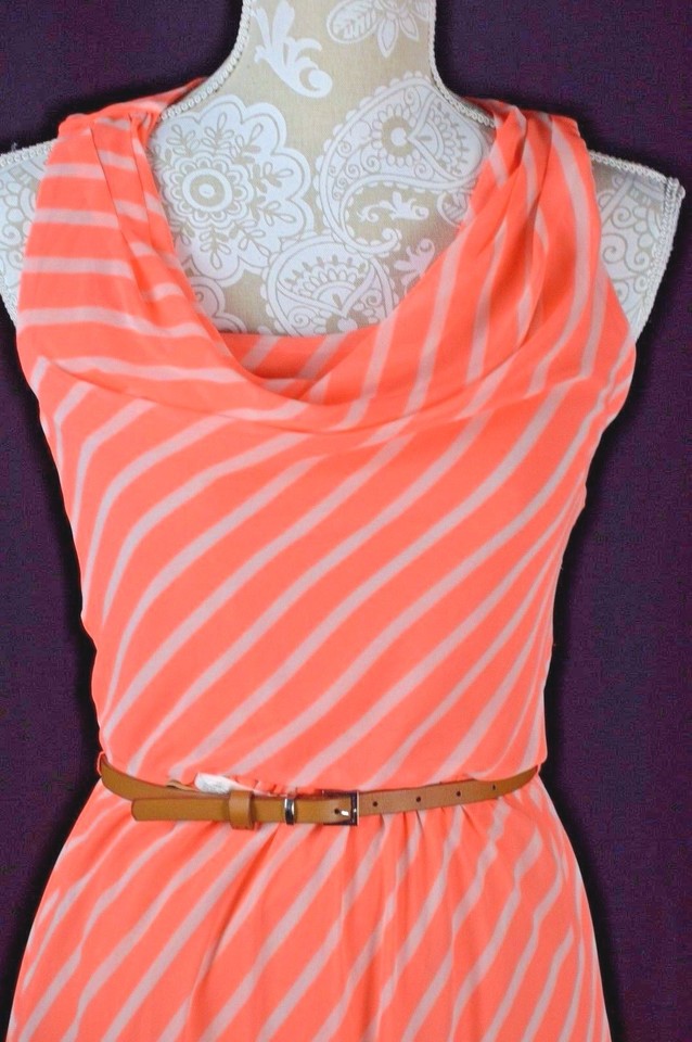 Express Womens XS Neon Orange White Striped Belt Tank Top Dress Cowl ...