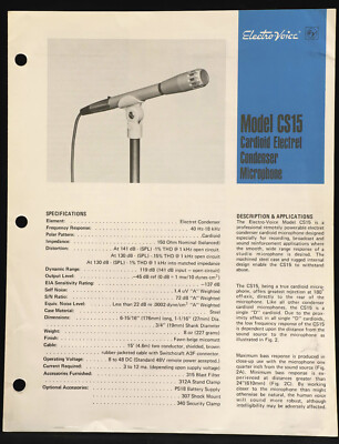ELECTROVOICE MODEL CS15 CARDIOD ELECTRET CONDENSOR MICROPHONE DATA ...