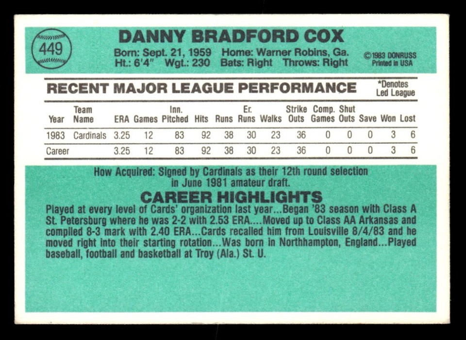 Danny Cox 1984 Donruss Rookie Card #449 St. Louis Cardinals EX | eBay