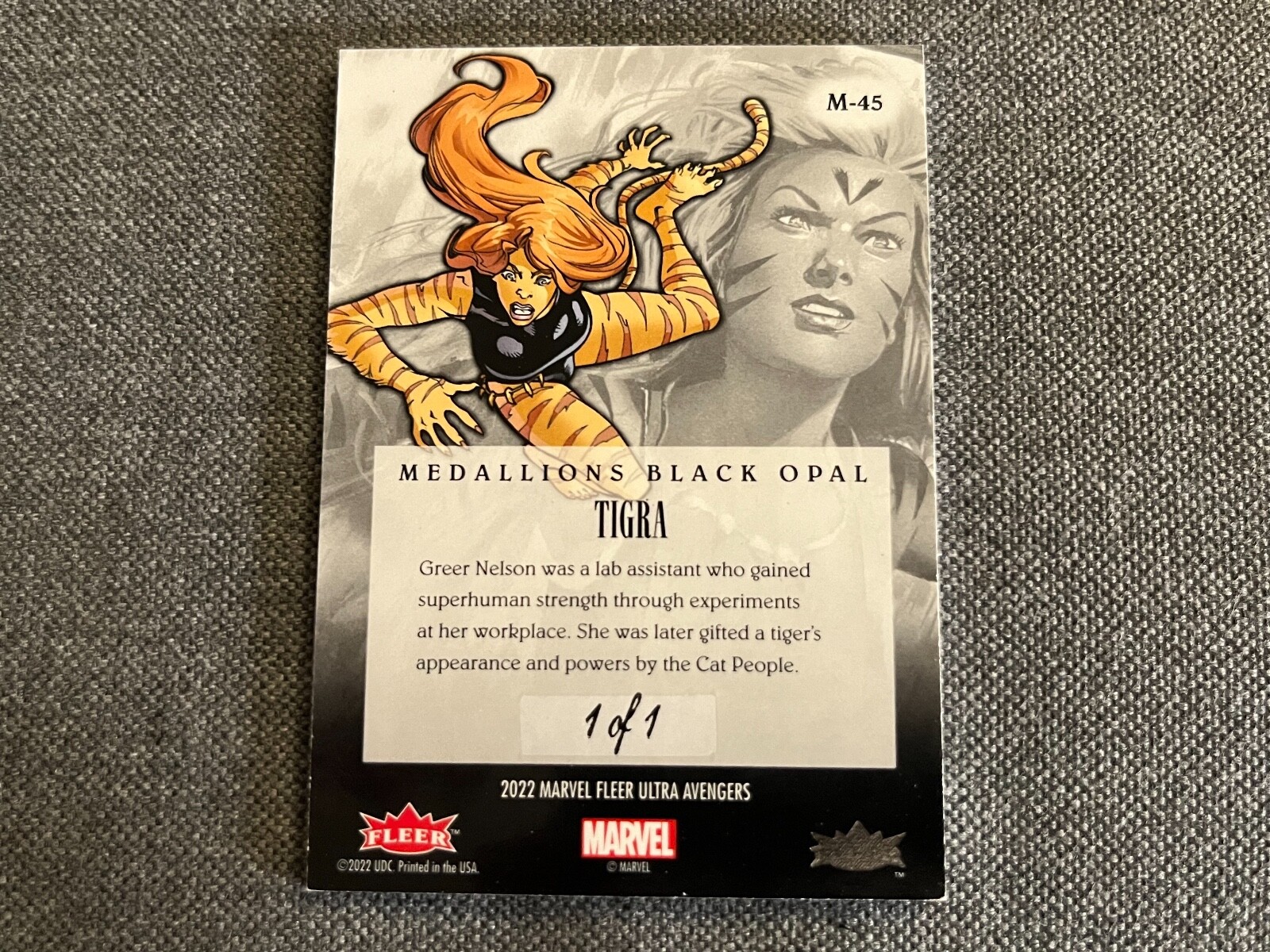 Tigra 1/1 black opal oneofone M-45 Medallions 2022 Marvel Fleer Ultra ...