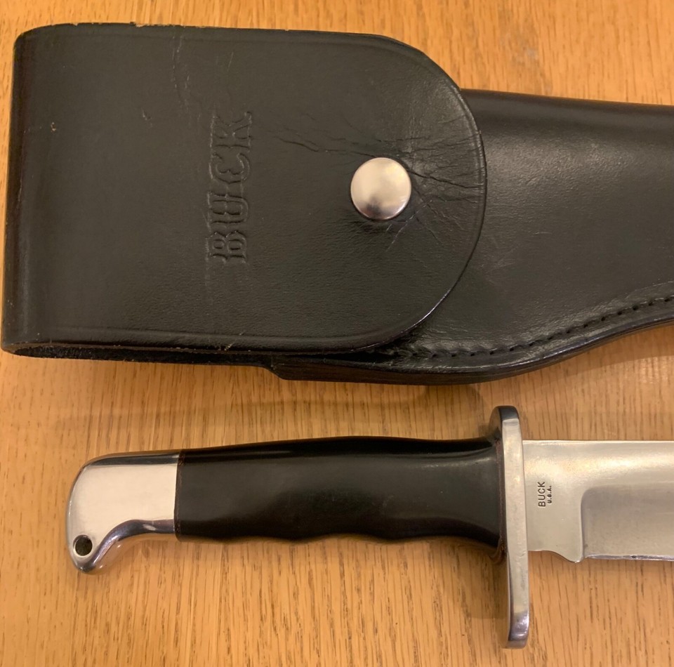 RARE 2 LINE INVERTED BUCK 124 FRONTIERSMAN KNIFE W/ EARLY SHEATH USED ...