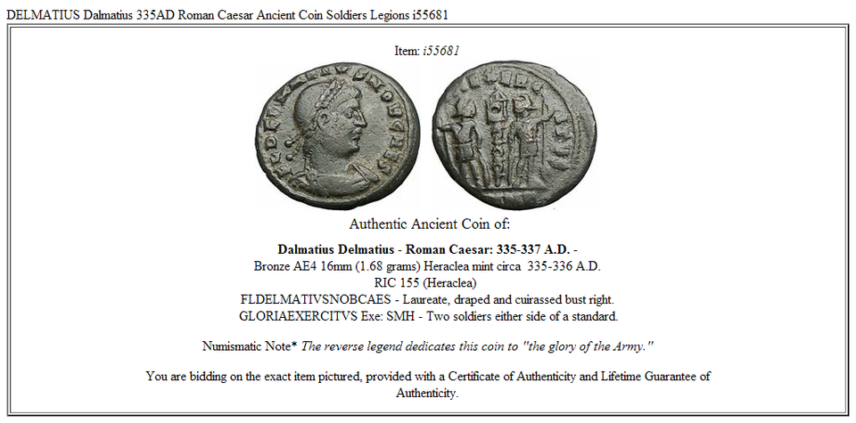 DELMATIUS Dalmatius 335AD Roman Caesar Ancient Coin Soldiers Legions ...
