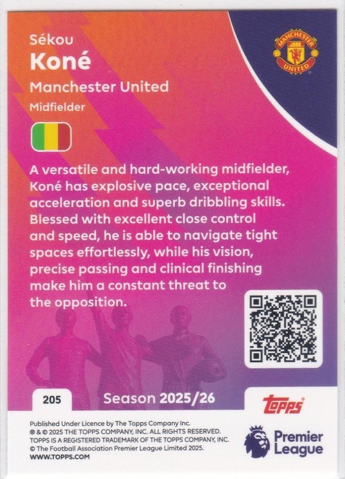 SEKOU KONE RC 2025-26 Topps Premier League Manchester United Rookie ...