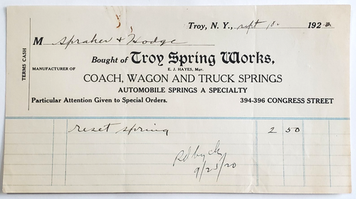1920 Invoice, Troy Spring Works, Troy, New York, Coach, Wagon And Truck ...