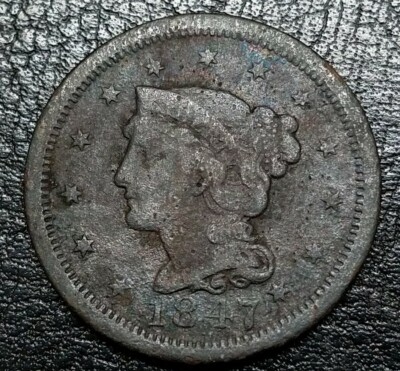 1847 P USA Large Cent Liberty Braided Hair Large Cent Copper Round Coin ...