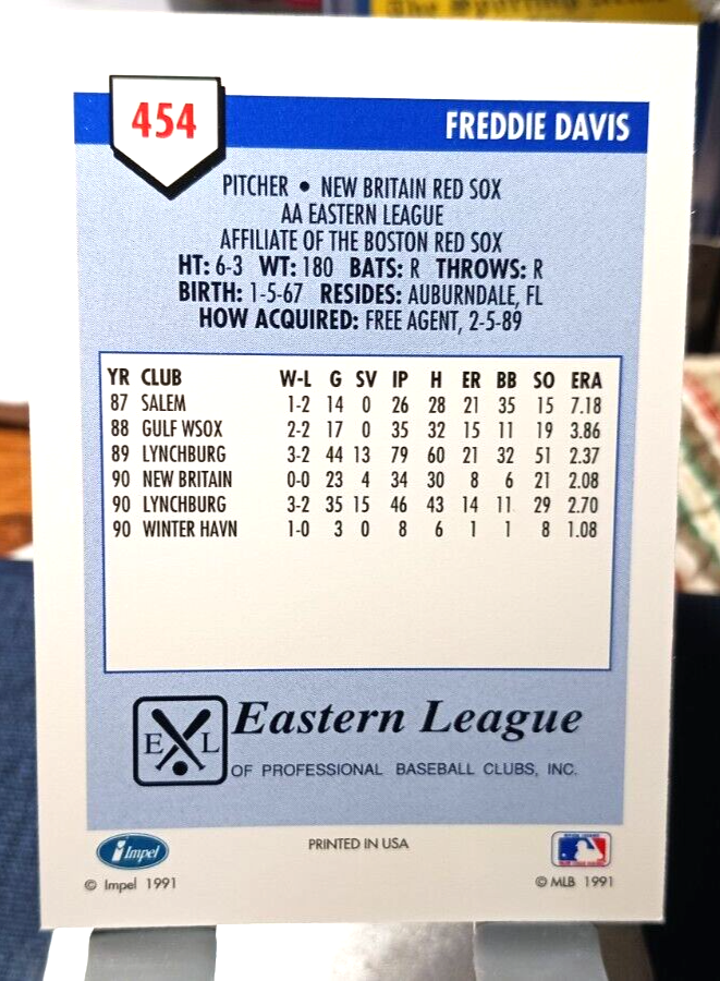 1991 Line Drive Pre-Rookie Baseball Card of Freddie Davis #454 (NM ...