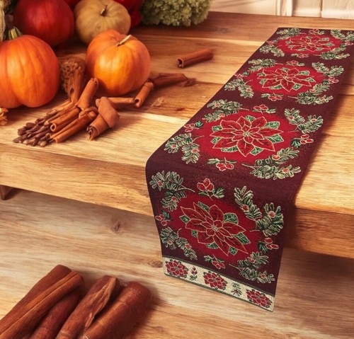 SMALL Windham Weavers Tapestry Side Table Runner Poinsettia & Berries ...