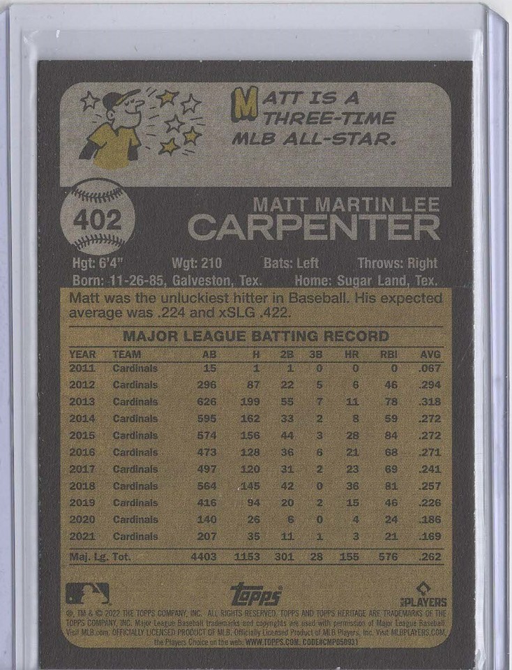 2022 MATT CARPENTER #402 TOPPS HERITAGE SHORT PRINT BASEBALL CARD MINT ...