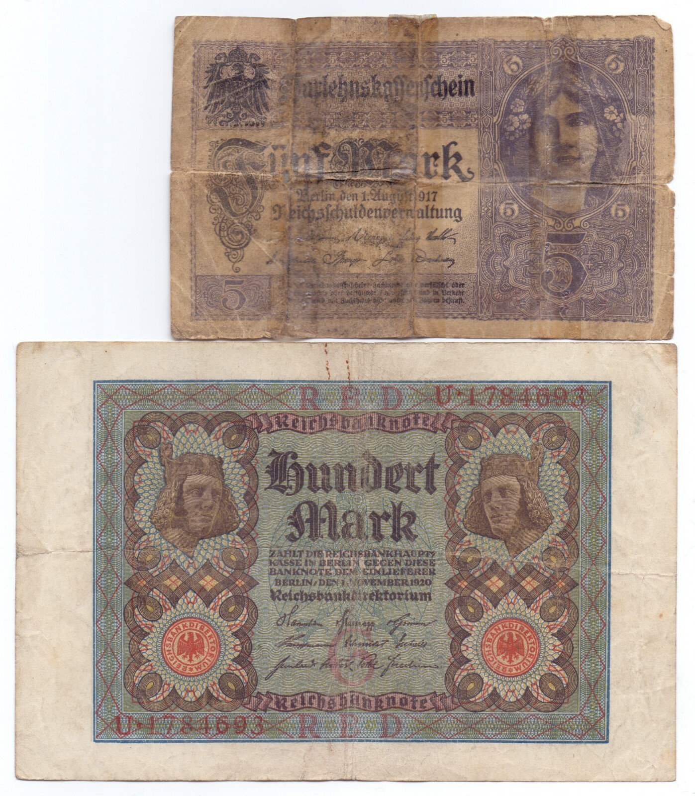 2x German Banknotes 100 Mark 1920 & 5 Funf Mark 1917 German Weimar ...