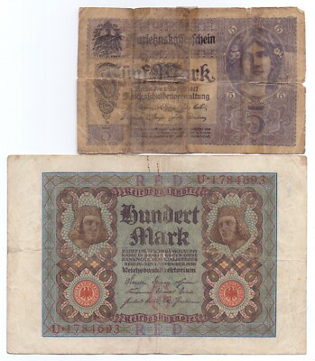 2x German Banknotes 100 Mark 1920 & 5 Funf Mark 1917 German Weimar ...
