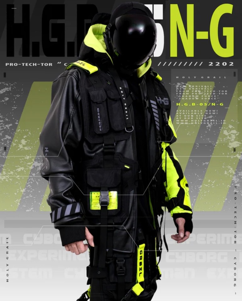 Men's Techwear Neon Green Jacket Hoodie Full Zip Buckle Holygrail H.G.B ...