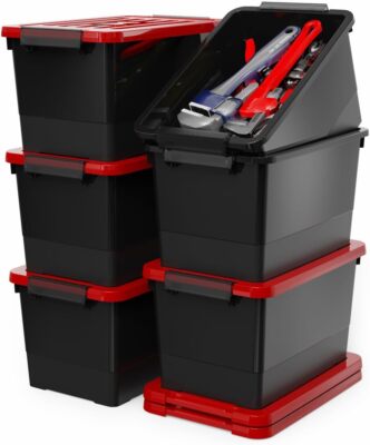 17 Quart Stackable Plastic Storage Bins with Red Lids, 6 Pack Black ...