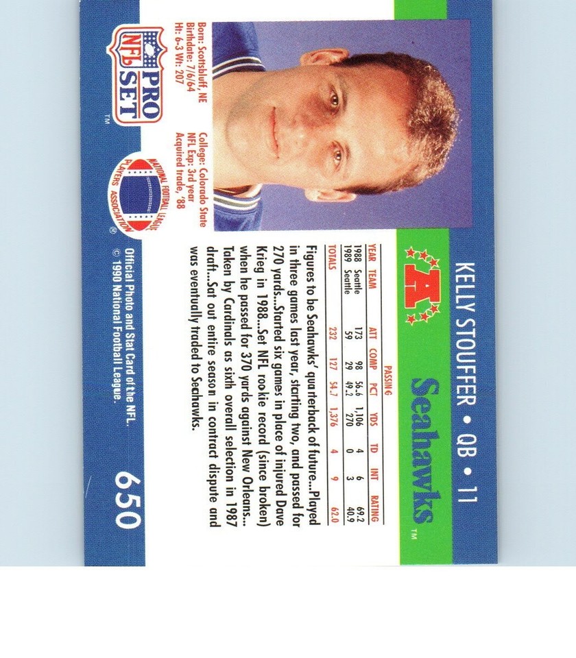 Kelly Stouffer 650 Seahawks 1990 Pro Set NFL Football Trading Card | eBay