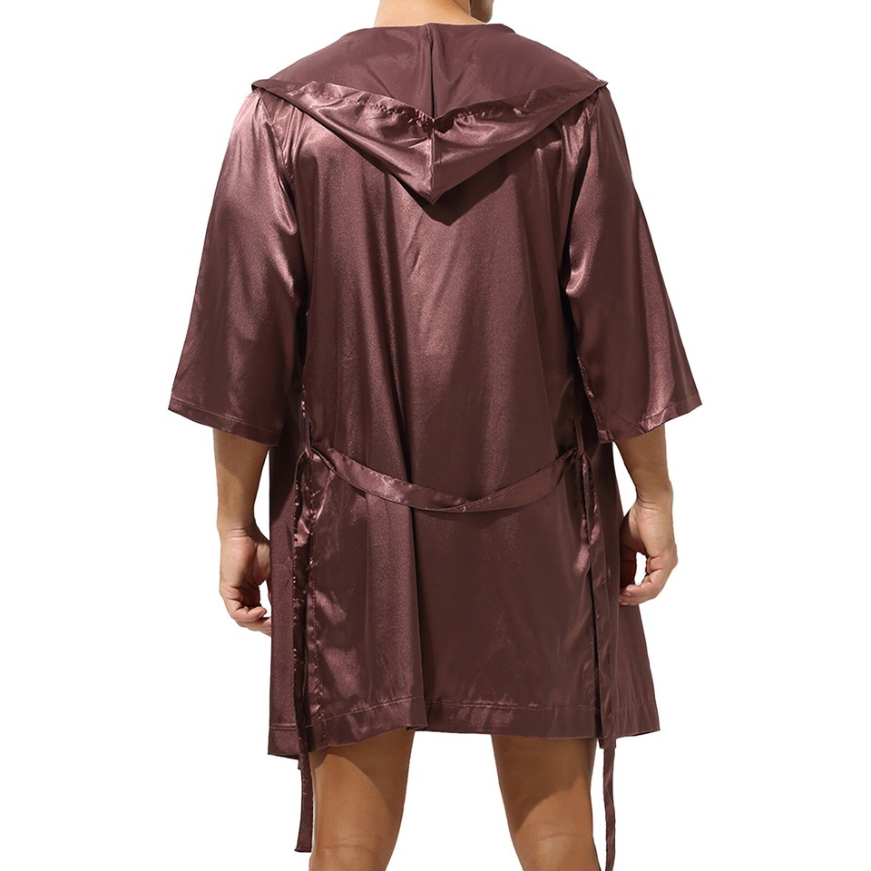 Men Satin Kimono Robes Classic Silky Bathrobe Open Front Hooded Robes ...