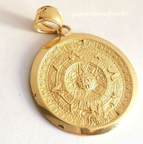 Solid 14k Yellow Gold Aztec sun calendar Pendant Charm 1.40 inch long ...