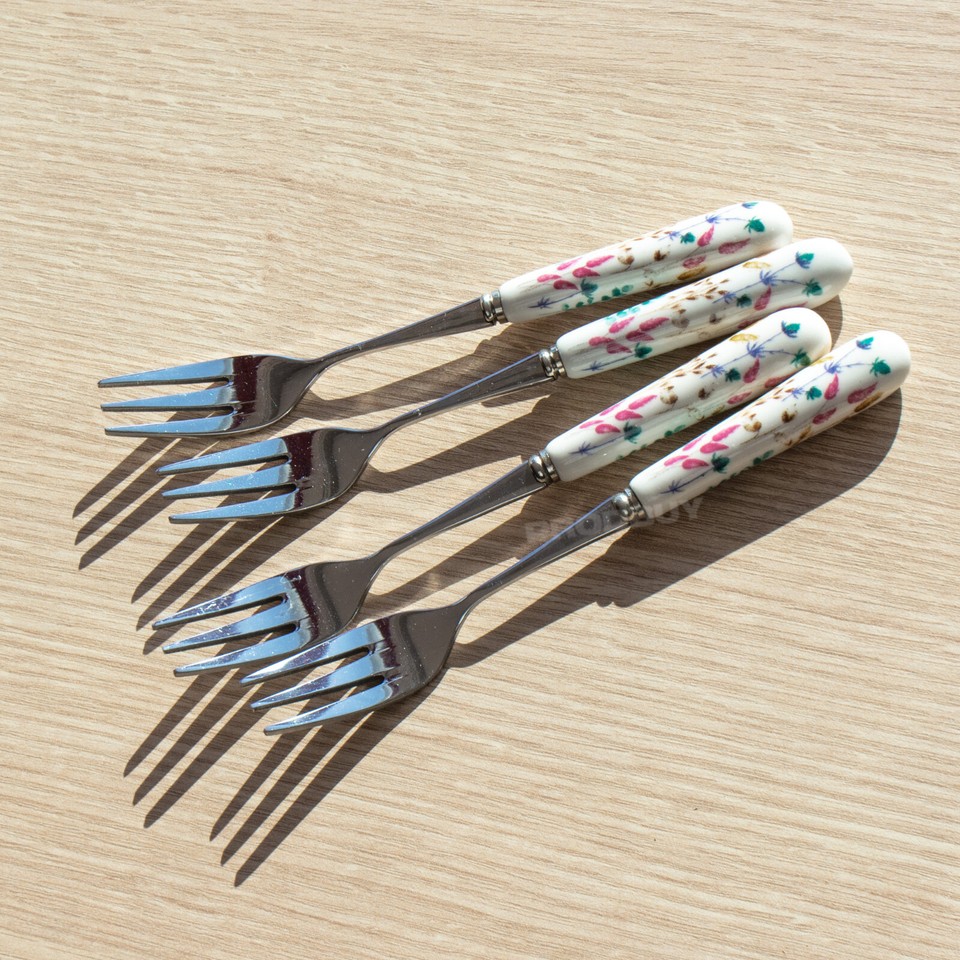 Set of 4 White Ceramic Stainless Steel Cake Forks Pastry Dessert ...