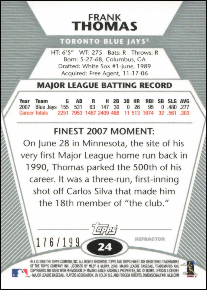 2008 Finest #24 Frank Thomas Refractors Green Toronto Blue Jays #/199 ...