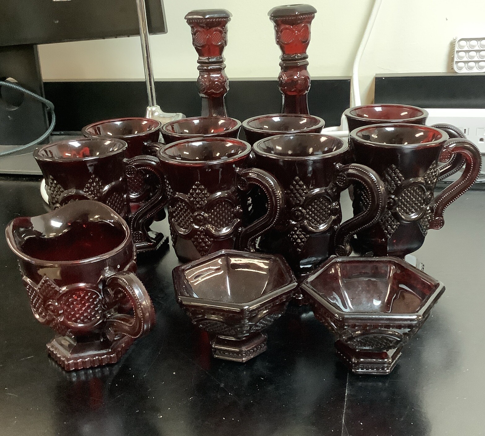 13 Piece Avon 1876 Cape Cod Ruby Red Glass Charisma Cologne Houseware ...