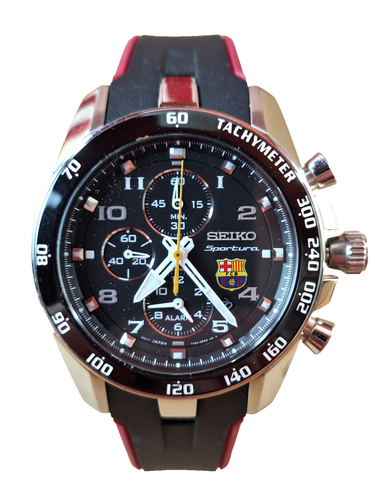 SEIKO SPORTURA FCB Barcelona Chrono Watch 7T62 Quartz 100m Rubber ...