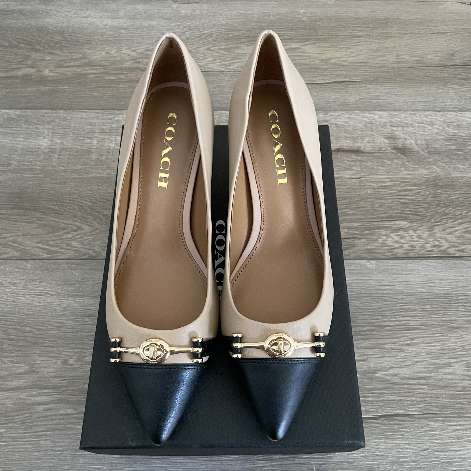 COACH Pump Beige And Black Leather Block Heel US 7B -… - Gem