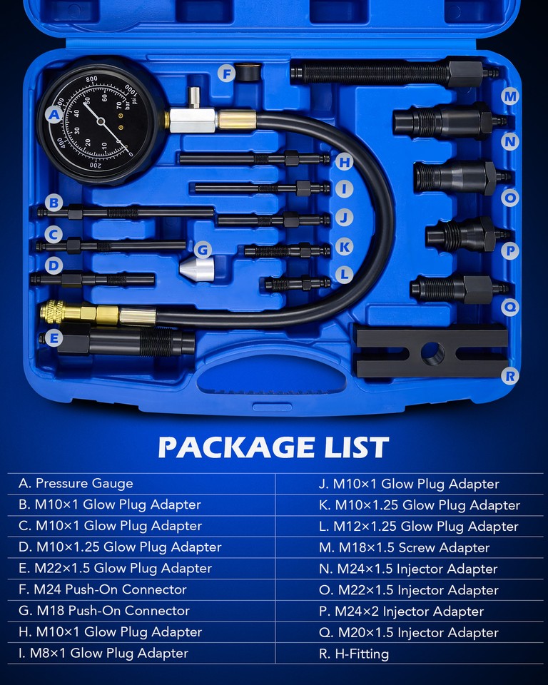 OMT Diesel Engine Compression Tester Kit 16pc Cylinder Pressure Test ...