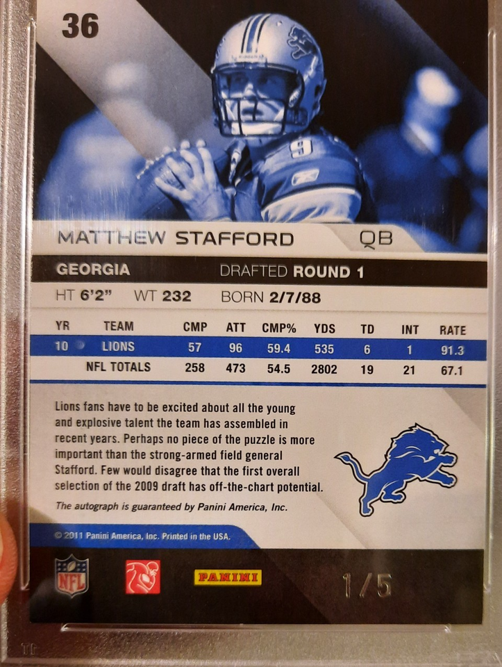 2011 Spectrum PLATINUM AUTO - MATTHEW STAFFORD Card /5 PSA 8.5 NM-MT ...
