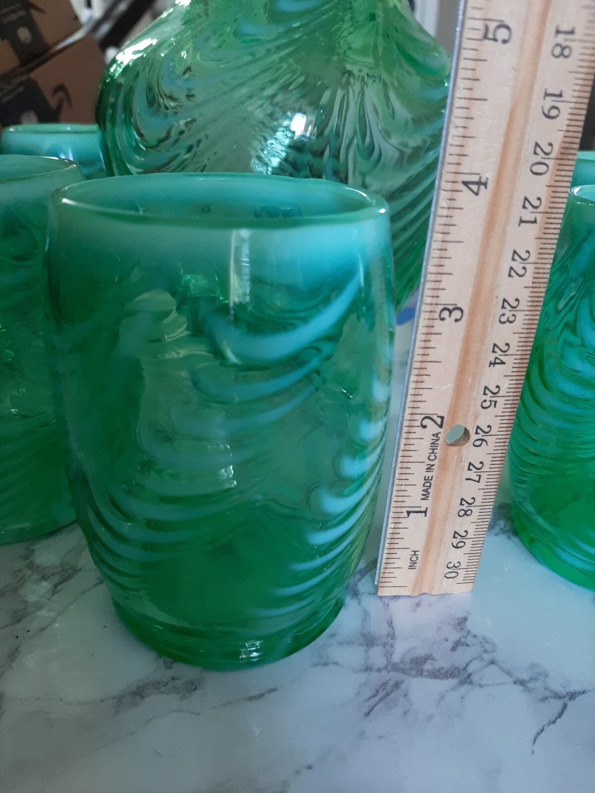 Antique Fenton Green URANIUM Drapery Opalescent Pitcher Set STUNNING ...