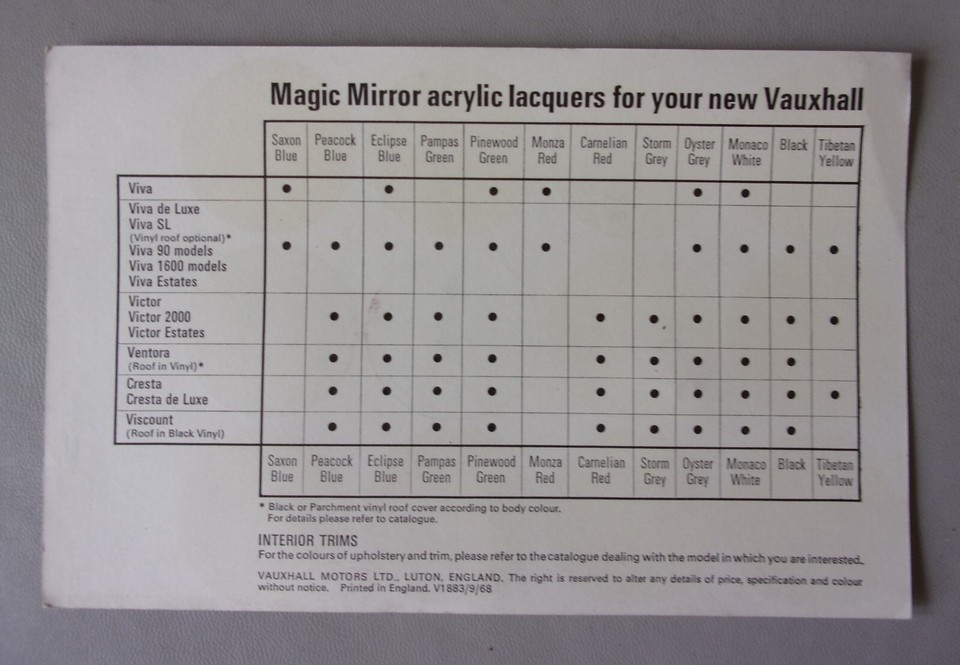 VAUXHALL Magic Mirror Colours Leaflet for 1968 Viva Viscount Cresta ...