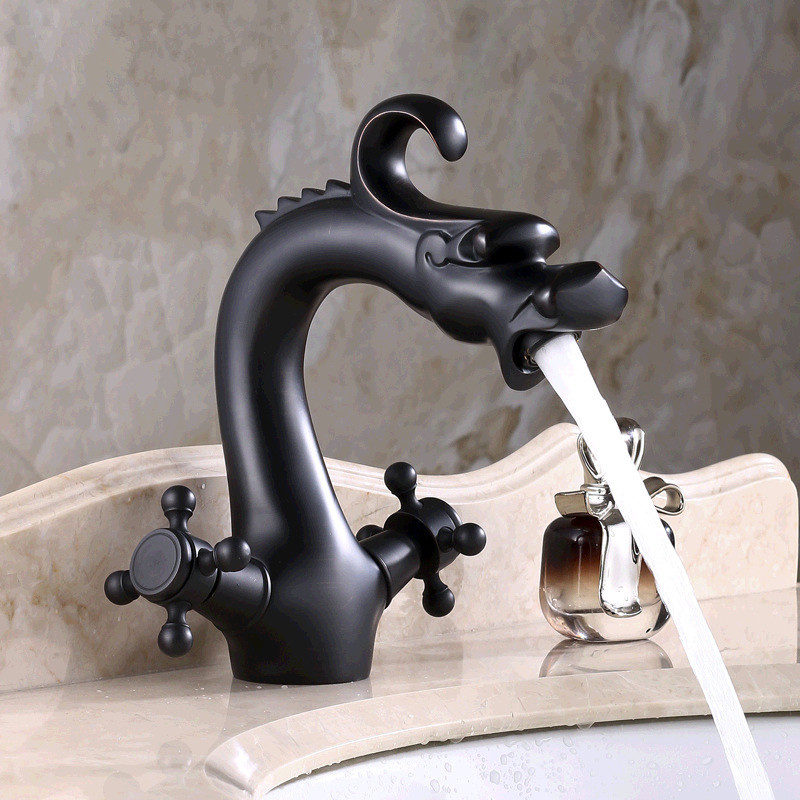 Bathroom Sink Faucet Double Handles One Hole Deck Mounted Black Dragon ...