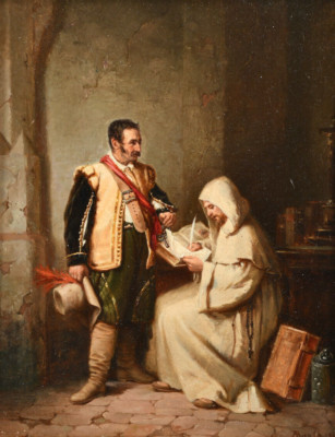 Soldier and Monk, 1881 | Painting by Anna Barth, Munich School | eBay UK