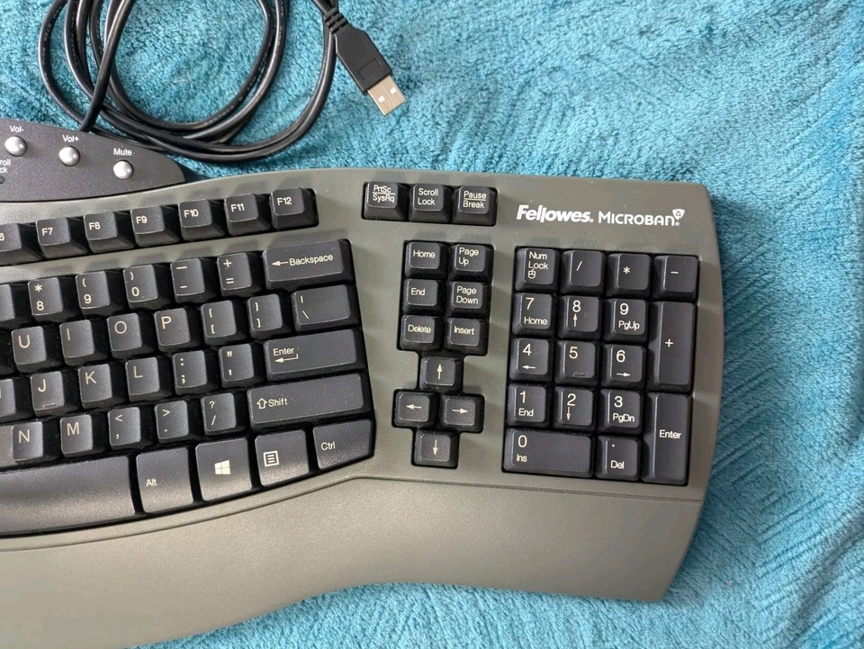 Fellowes Ergonomic Keyboard Microban Wired USB Tested Works Black Grey ...